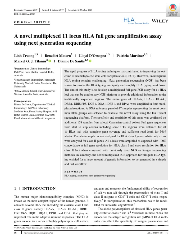A Novel Multiplexed 11 Locus HLA Full Gene Amplification Assay Using Next Generation Sequencing ...