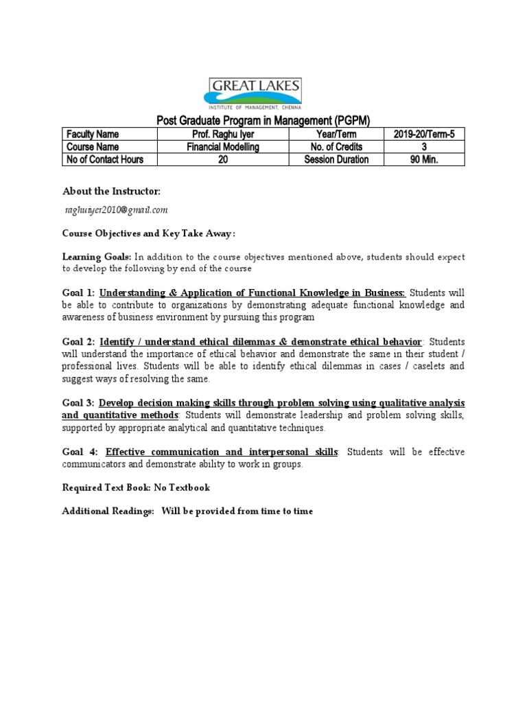 PGPM-19-20-T5-Fin. Modelling-Prof. Raghu Iyer | PDF | Educational ...