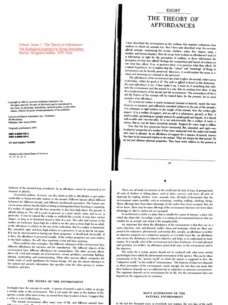 Gibson James J 1977 1979 The Theory of Affordances PDF | PDF