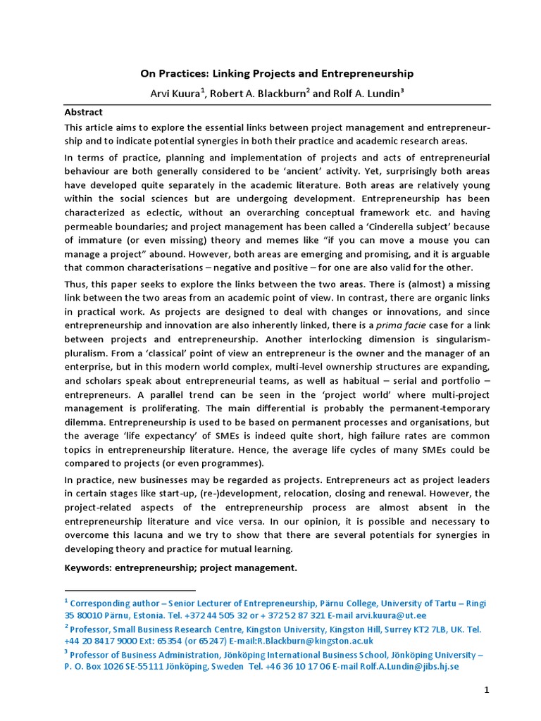 On Practices: Linking Projects and Entrepreneurship: Arvi Kuura, Robert ...