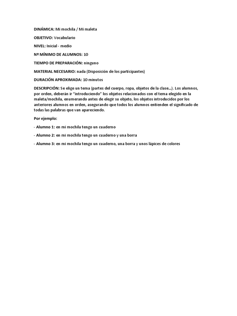Dinámica de la Mochila en Clase | PDF | Estudios de idiomas extranjeros