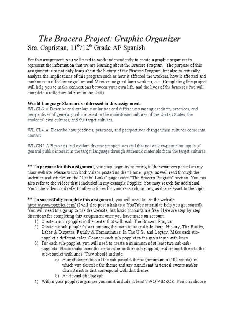 The Bracero Project: Graphic Organizer: Sra. Capristan, 11 /12 Grade AP ...