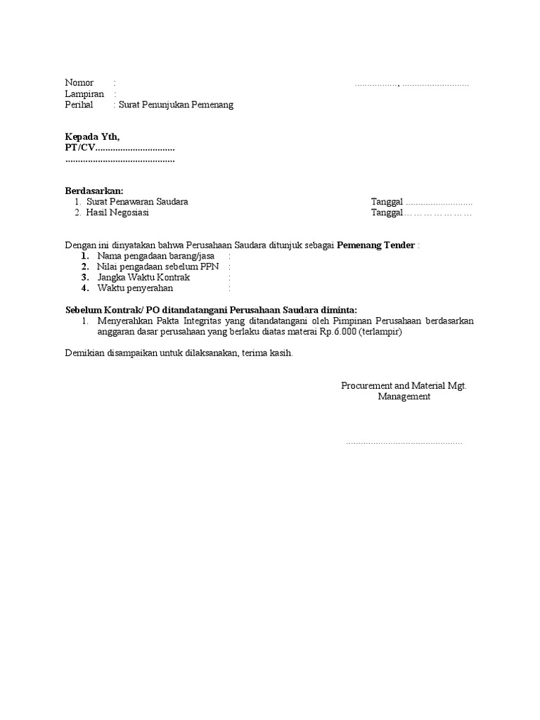 Surat Penunjukan Pemenang | PDF