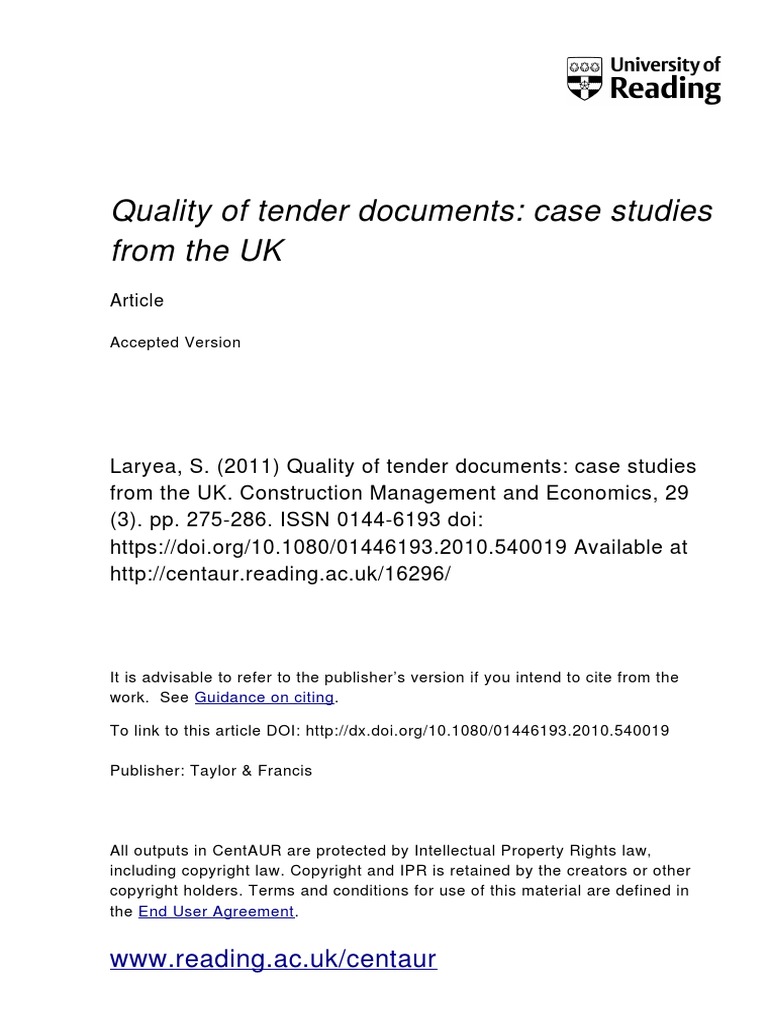Quality of Tender Documents: Case Studies From The UK: WWW - Reading.ac ...