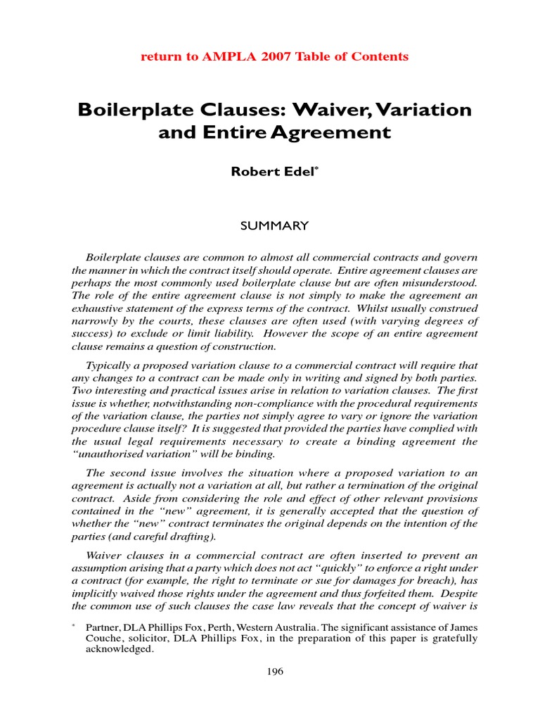 Boilerplate Clauses: Waiver, Variation and Entire Agreement: Return To ...