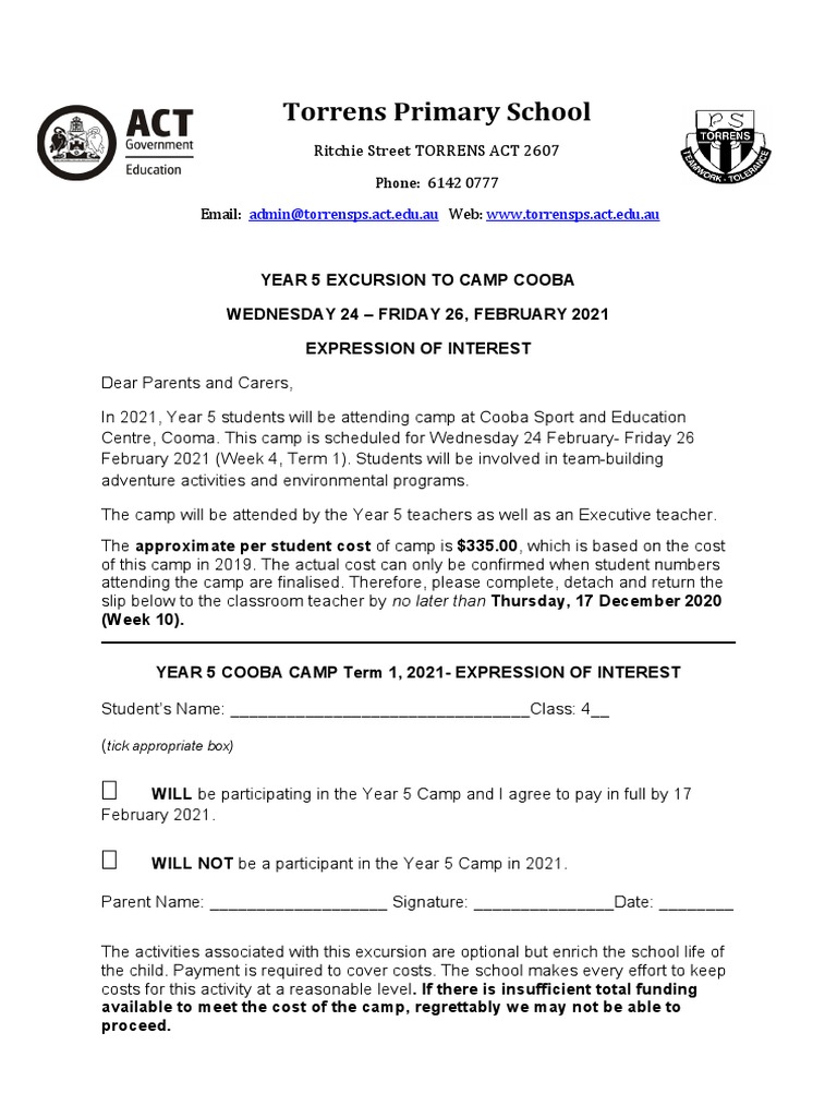 Year 5 Camp Cooba Expression of Interest | PDF