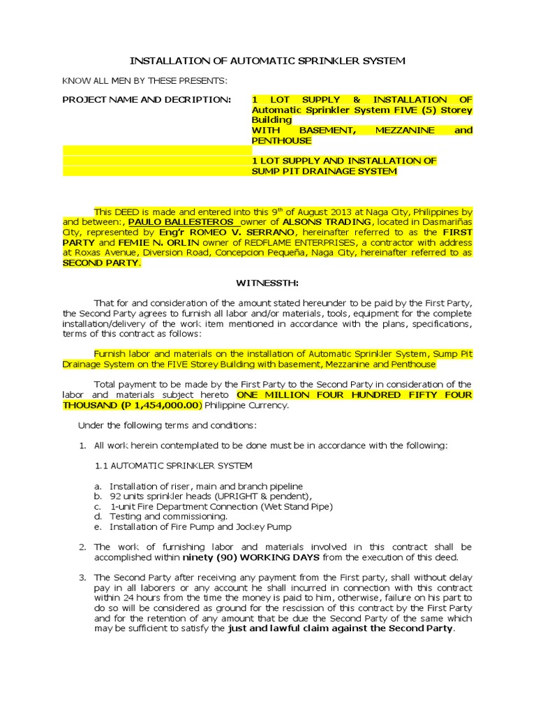 Automatic Sprinkler Installation Contract | PDF | Business Law | Common Law