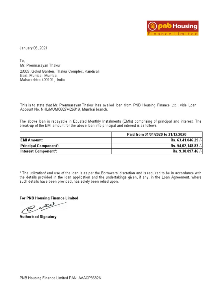 PNB Loan Interest Certificate for FY 2020 | PDF | Business | Finance ...