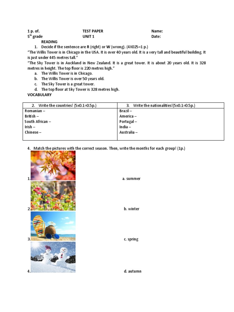 5th Grade Unit 1 Reading Test: Identifying Key Details About Landmarks ...