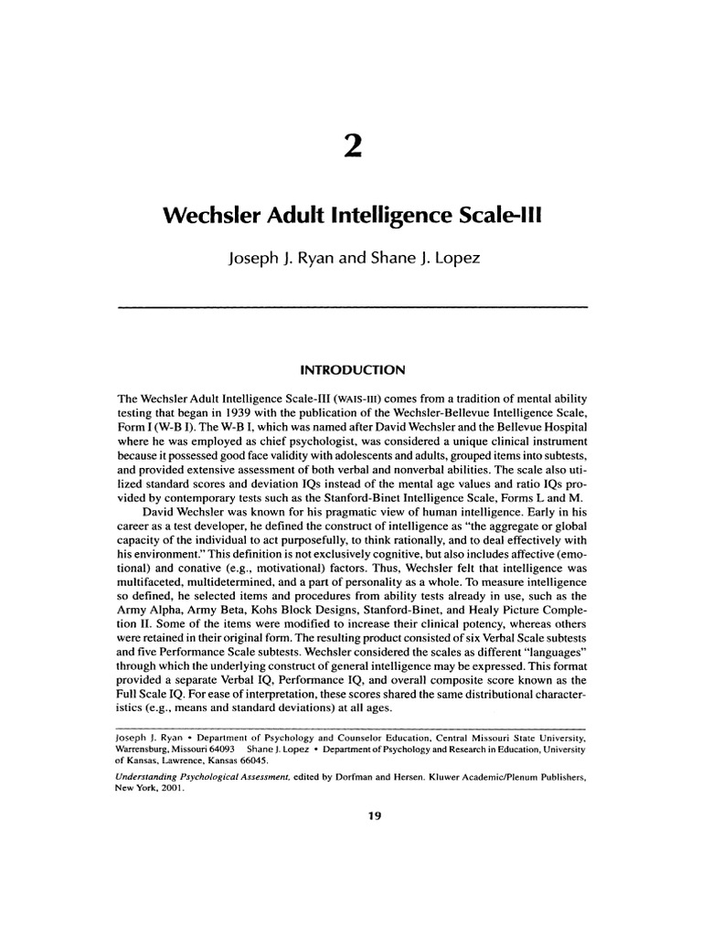 Wechsler Adult Intelligence Scale-III | PDF | Wechsler Adult ...