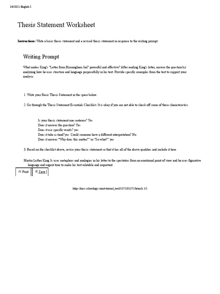 Thesis Statement Worksheet: Writing Prompt | PDF | Career & Growth ...