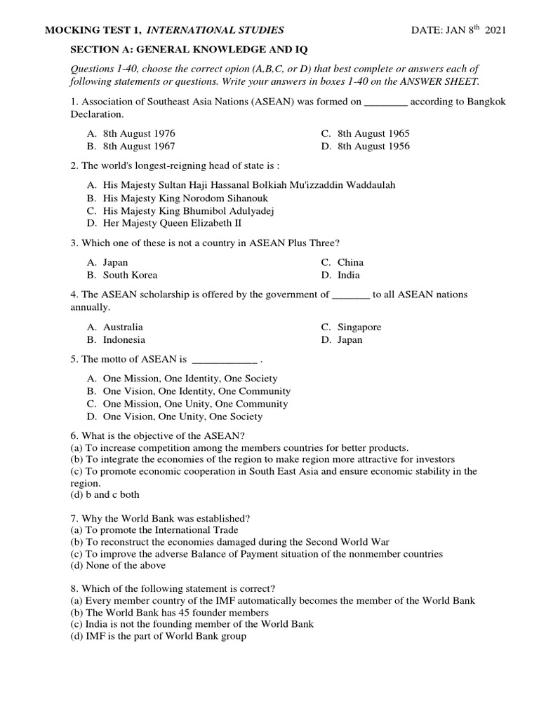 Jan 8th 2021 Mocking Test 1 | PDF | Cambodia | World Bank