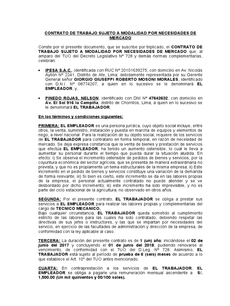 Contrato de Trabajo Sujeto A Modalidad Por Necesidades de Mercado | PDF | Empresas | Economias