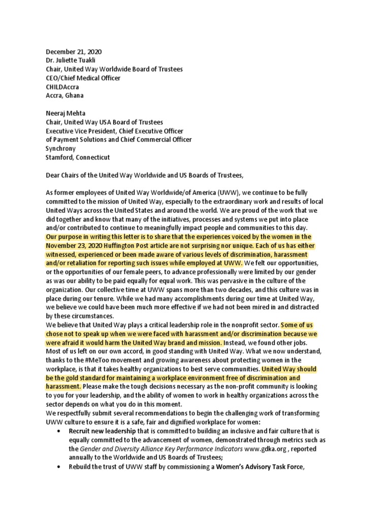 Letter To UWW Board Chairs | PDF | Discrimination | Board Of Directors