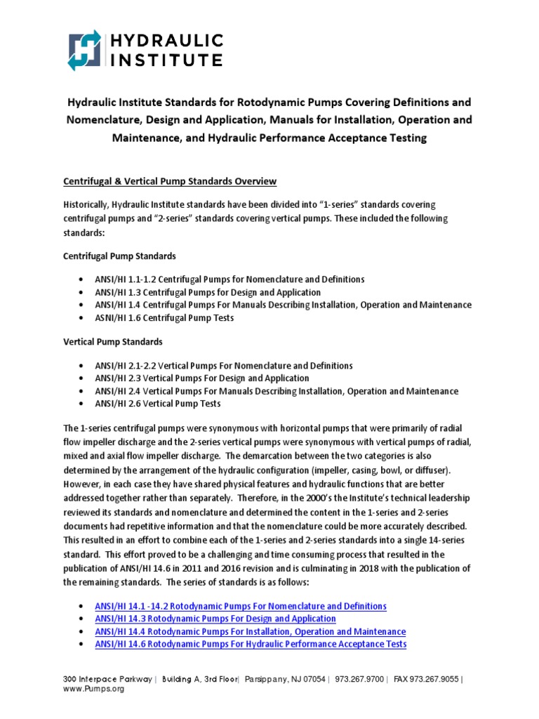 Hydraulic Institute Rotodynamic Standards | PDF | Pump | Chemical ...