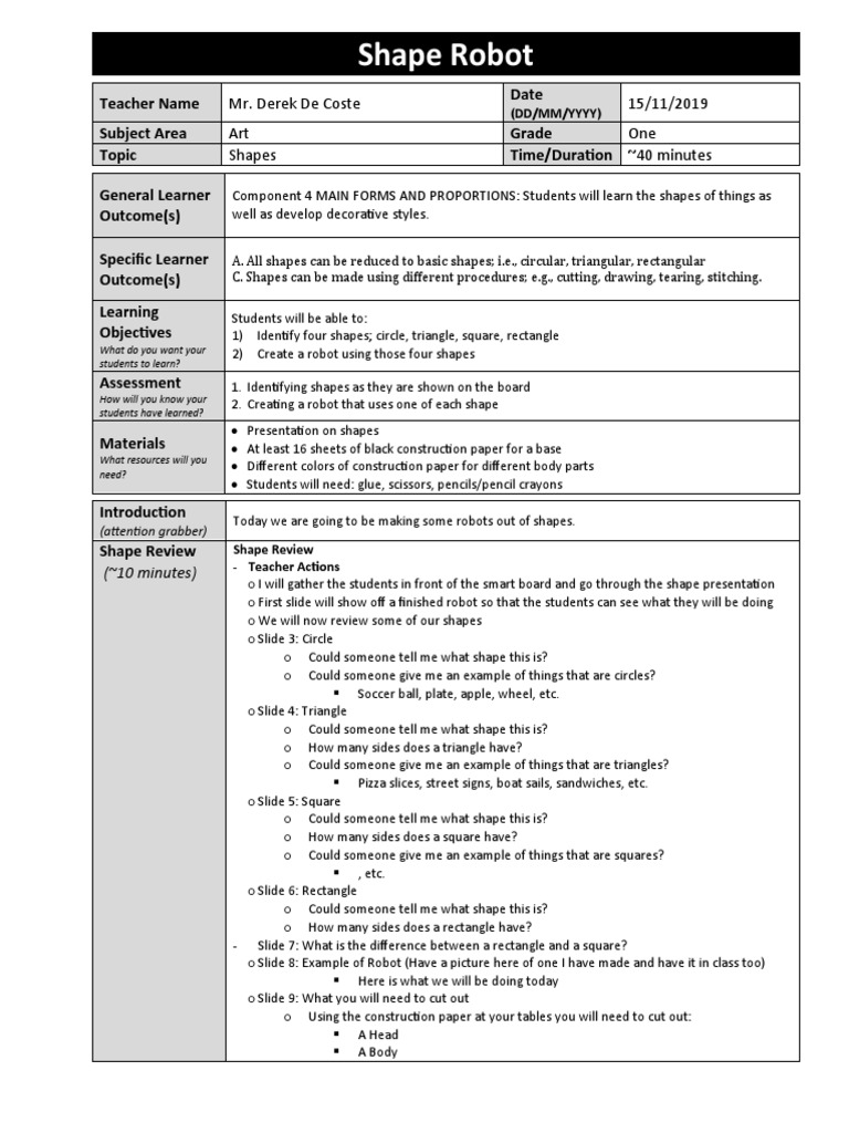 Shape Robot Lesson Plan | PDF | Shape | Rectangle