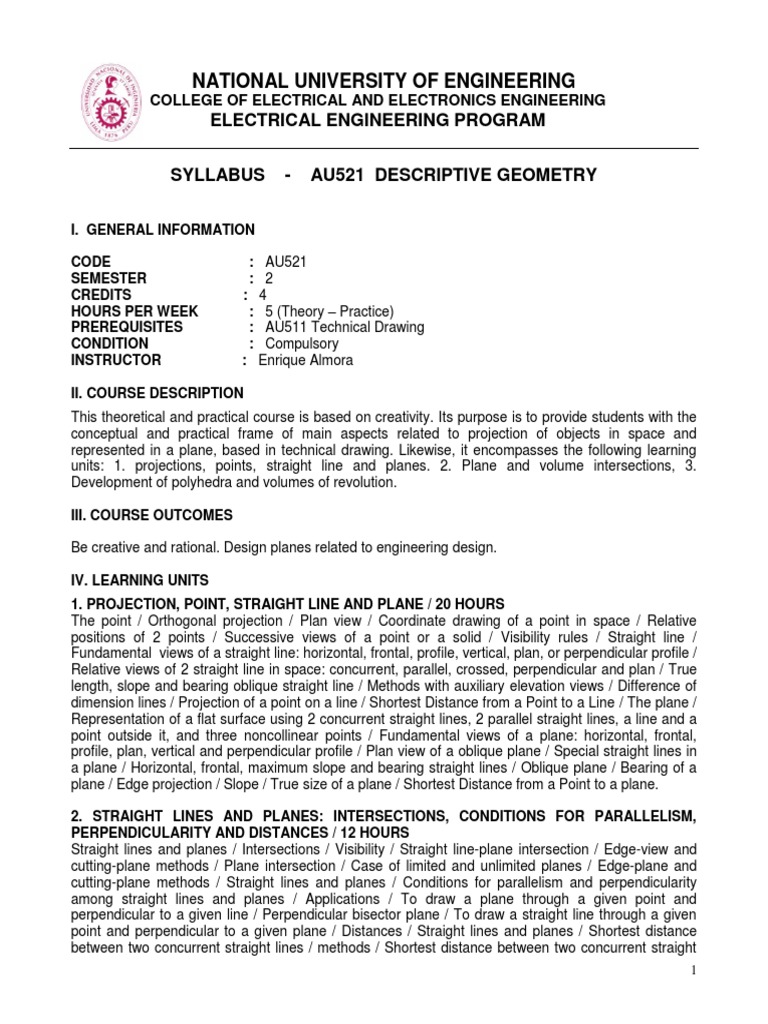 Descriptive Geometry Syllabus AU521 | PDF | Line (Geometry) | Plane ...
