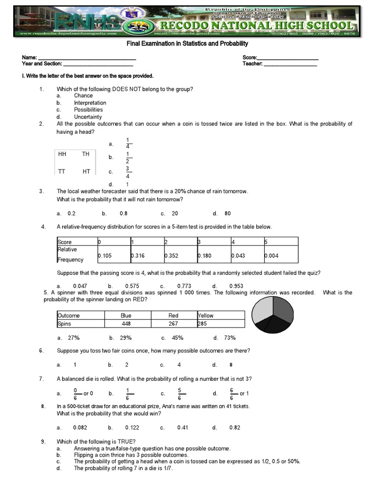 Statistics and Probability Exam Questions | PDF | Probability ...