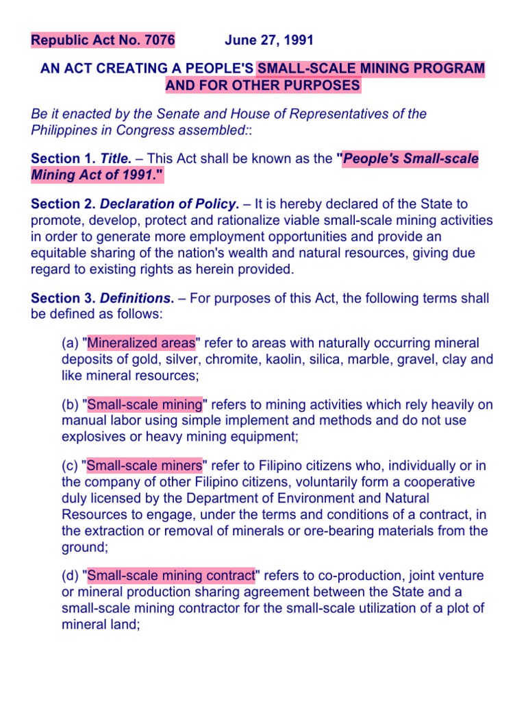 The People's Small-Scale Mining Act of 1991: Establishing a Program and ...