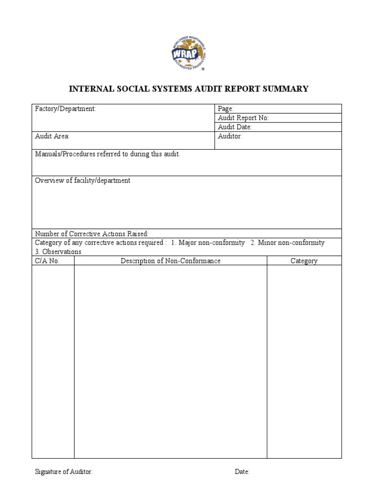 Internal Social Systems Audit Report Summary: Signature of Auditor ...