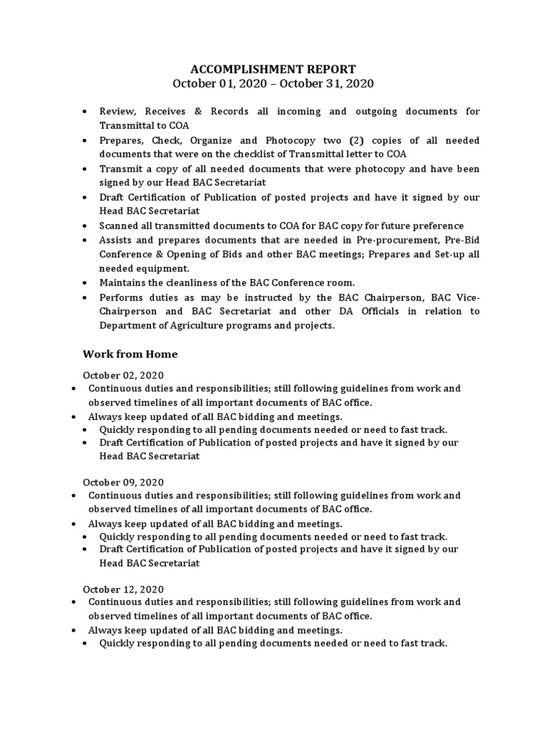 October 2020 BAC Accomplishment Report | PDF | Business