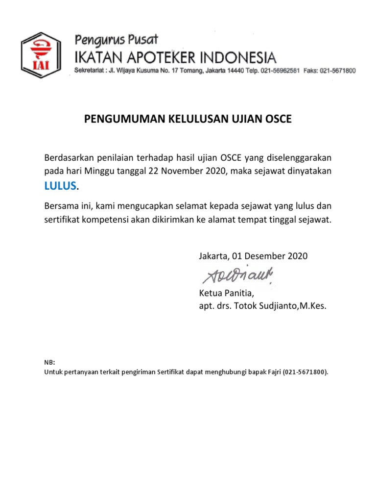 Pengumuman Kelulusan Ujian OSCE | PDF