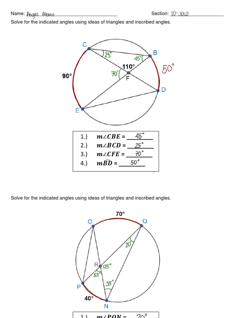 Name: - Section: - Solve For The Indicated Angles Using Ideas of Triangles and Inscribed Angles ...