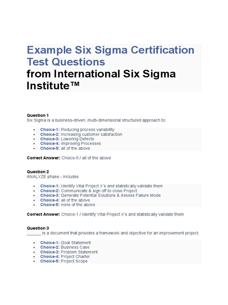 Example Six Sigma Certification Test Questions | PDF | Six Sigma ...