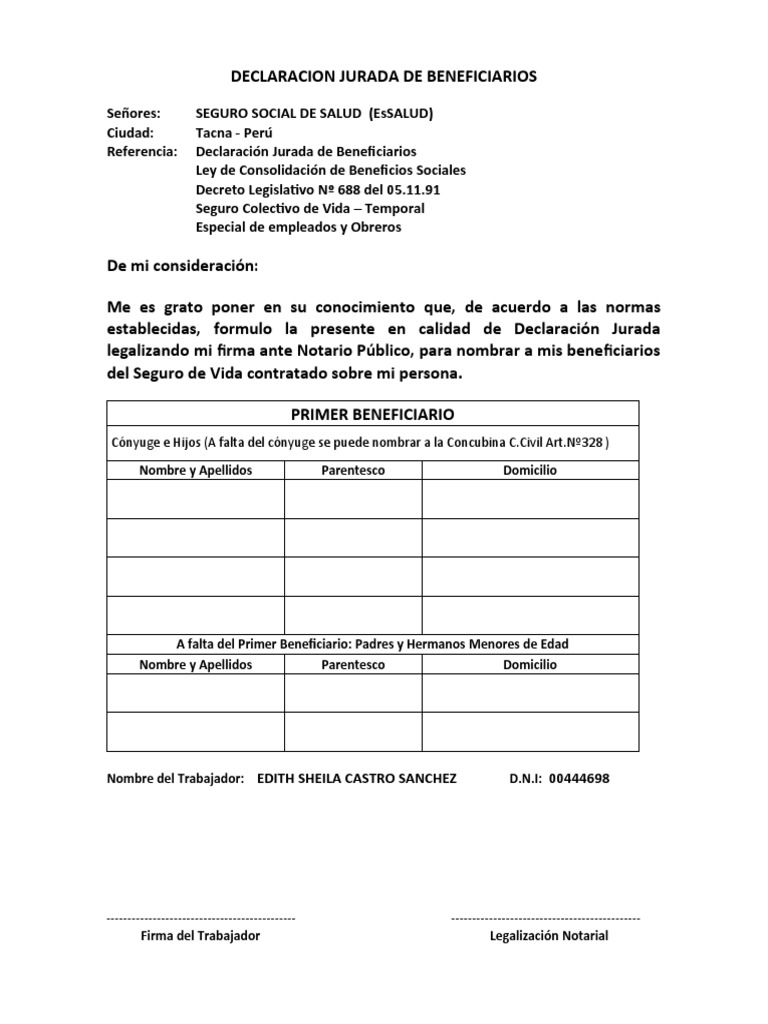 Formato Declaracion Jurada de Beneficiarios - Seguro Vida Ley | PDF