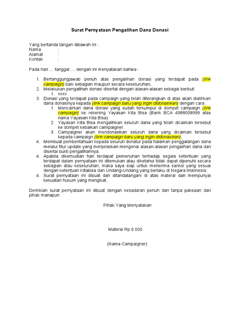 Surat Pernyataan Pengalihan Dana Donasi | PDF
