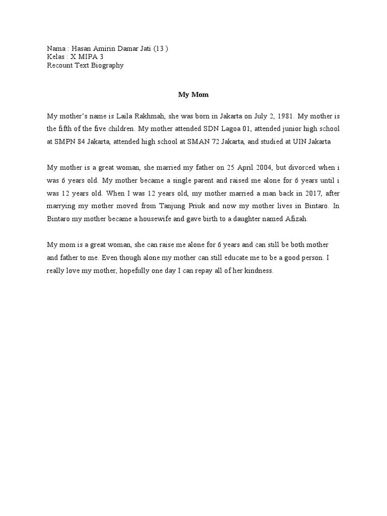 Tugas Recount Text Biography Hasan Amirin Damar Jati (13) | PDF