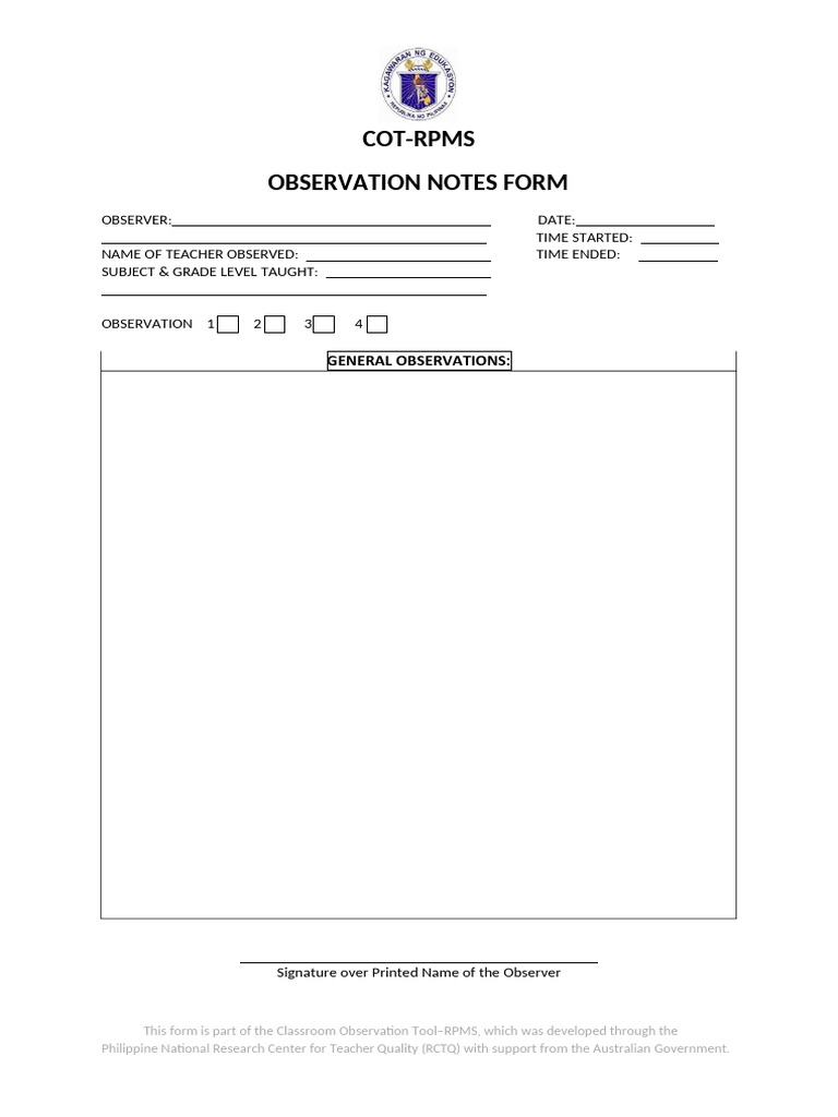 Cot-Rpms Observation Notes Form: General Observations | PDF