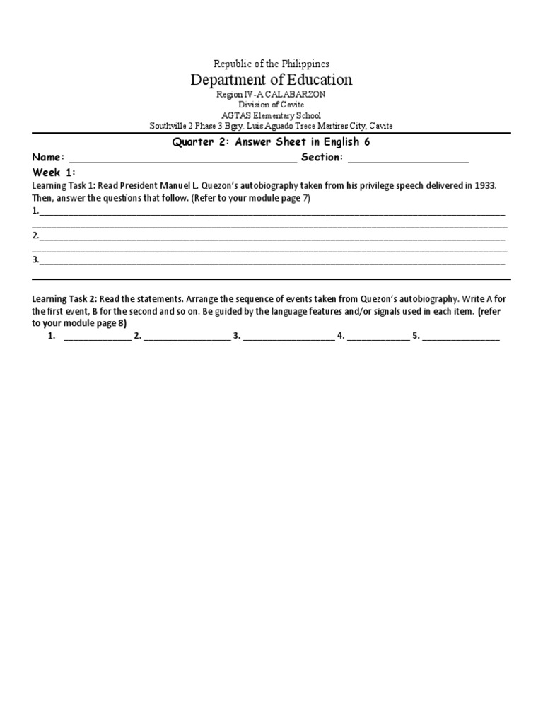 Answer Sheet Week 1 | PDF