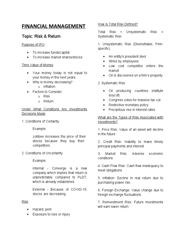 Financial Management: Topic: Risk & Return | PDF | Diversification ...