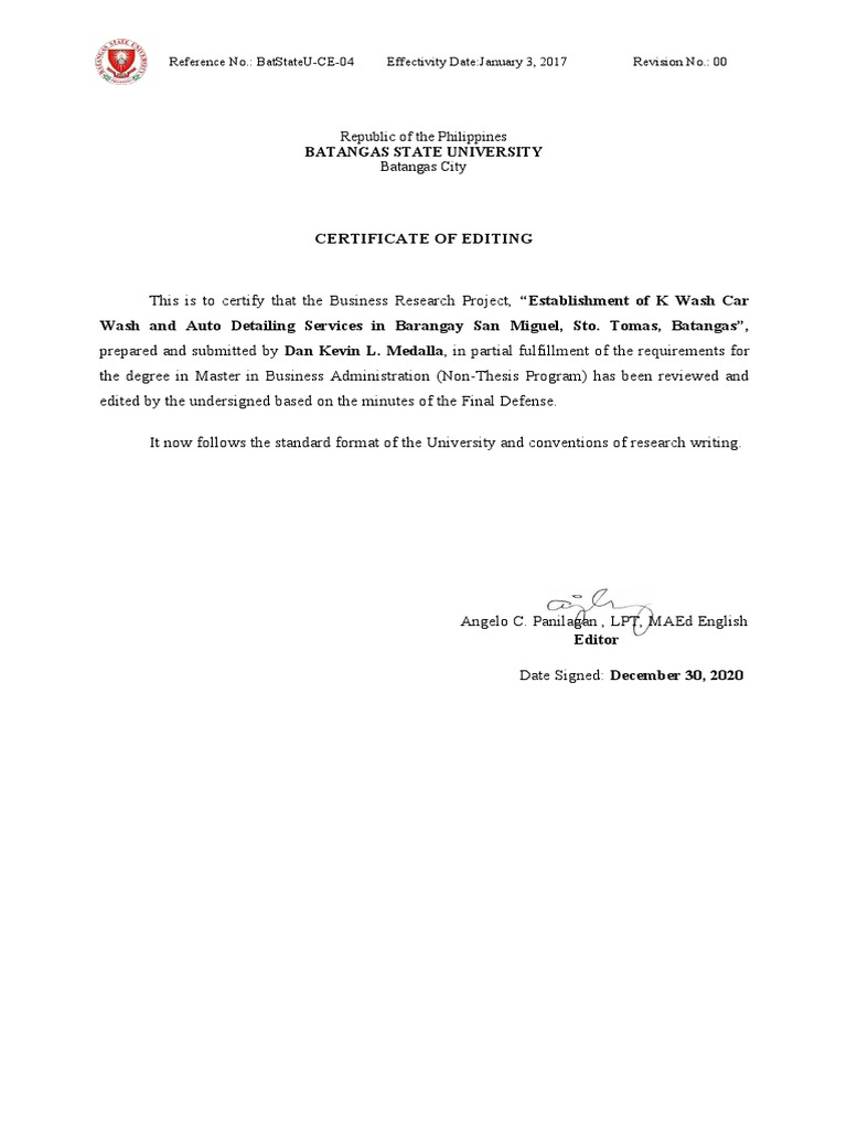 Certificate of Editing for K Wash Project | PDF | Business | Finance ...