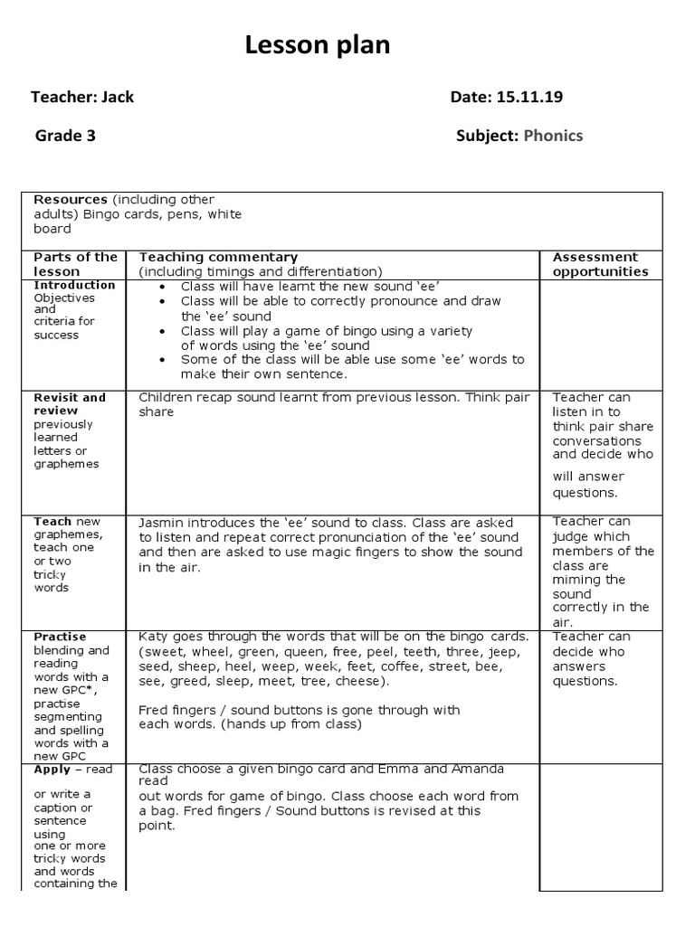 Grade 3 Phonics Lesson Plan: 'ee' Sound | PDF | Phonics | Human ...