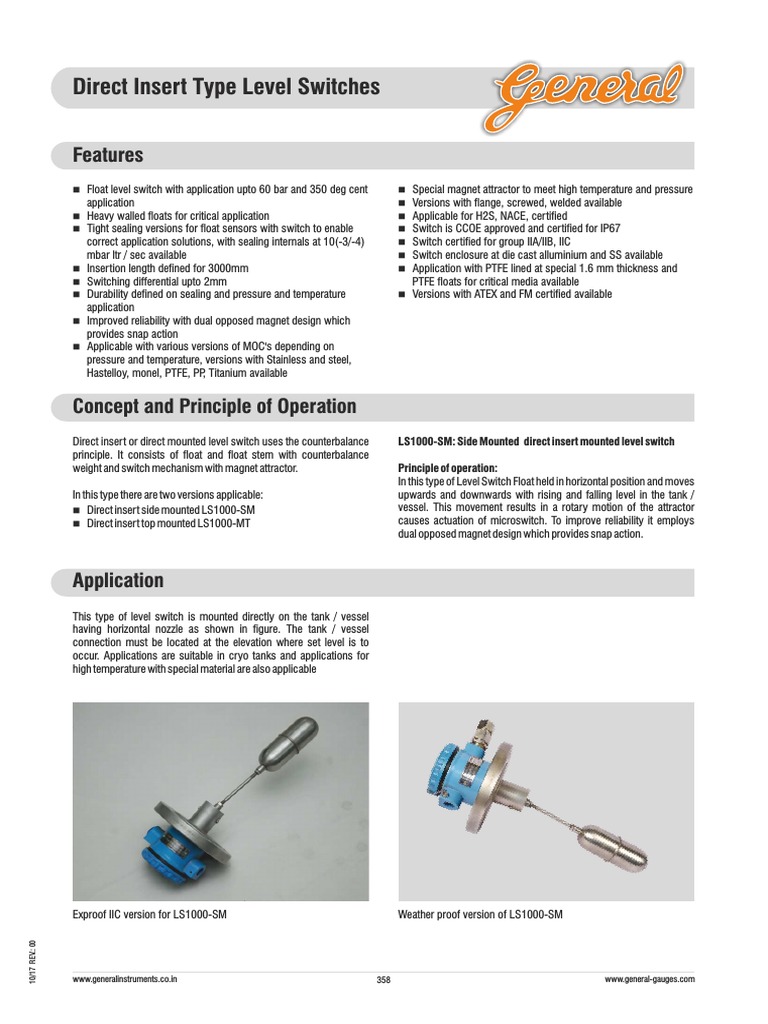 Direct Insert Type Level Switches: Features | PDF | Switch | Equipment