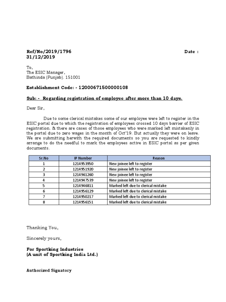ESIC Late Registration Request Letter | PDF | Finance & Money Management