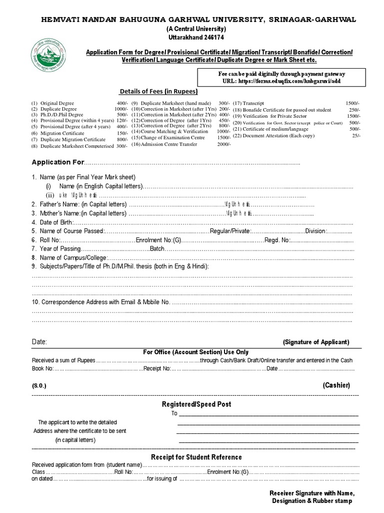Application Format For Degree - Transcript - Migration - Bonafide Etc ...