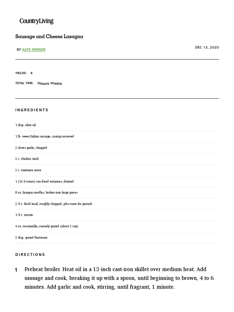 Sausage and Cheese Lasagna Recipe - How To Make Lasagna | PDF