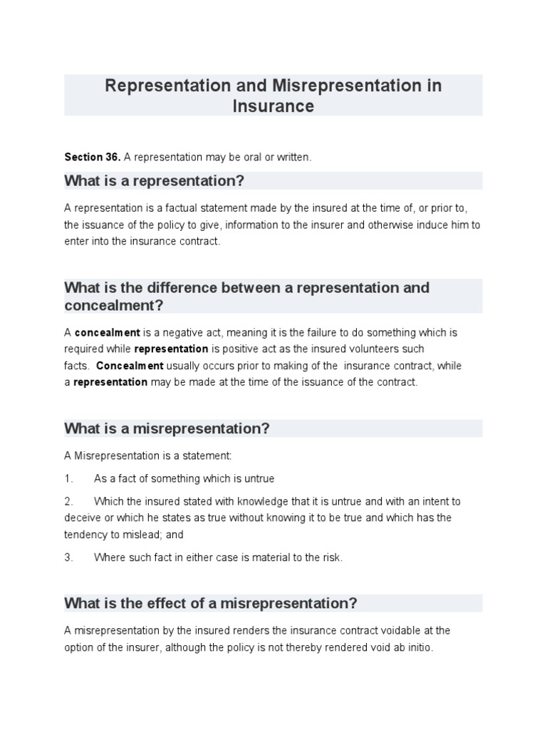 Representation and Misrepresentation in Insurance: What Is A ...