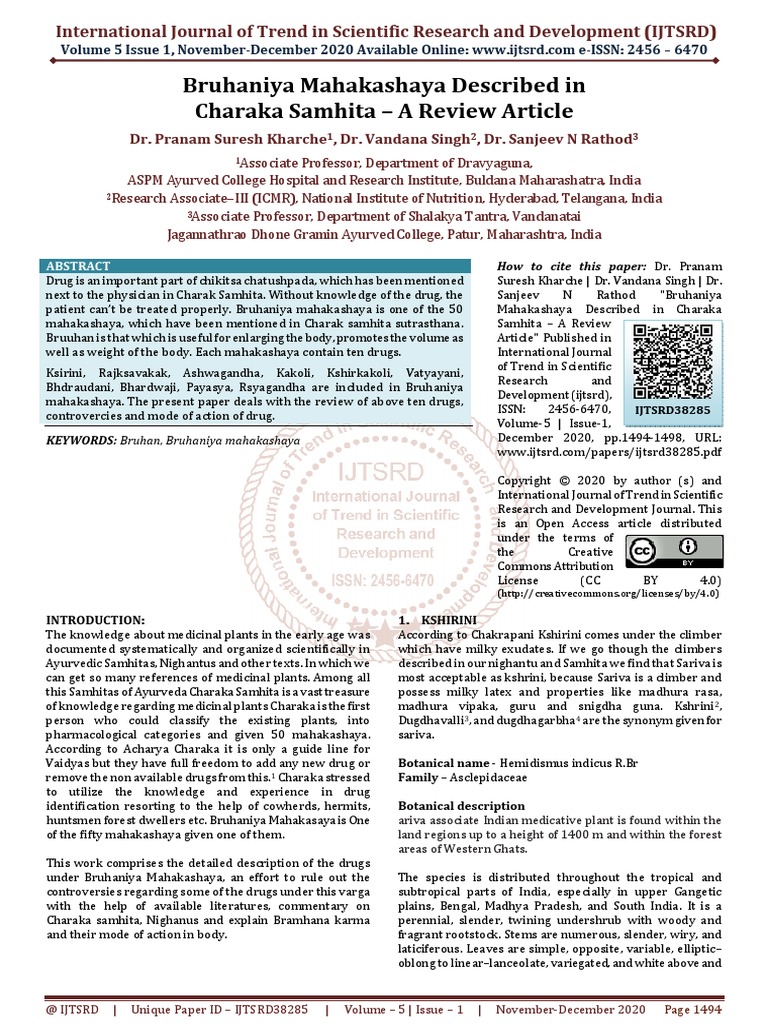 Bruhaniya Mahakashaya Described in Charaka Samhita - A Review Article ...