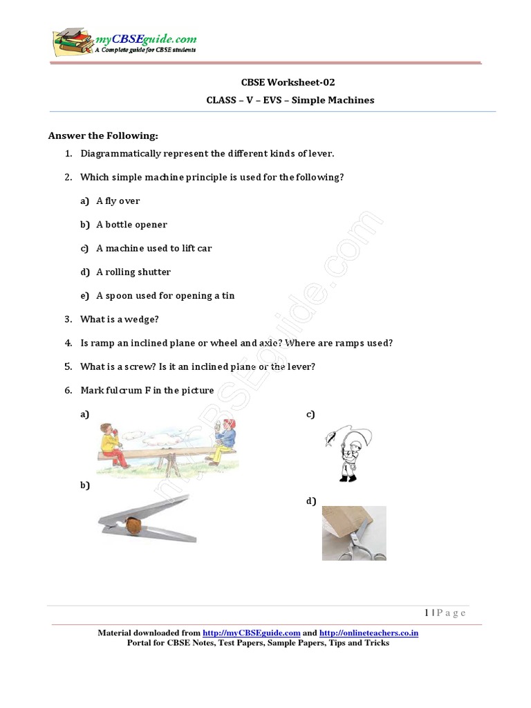 CBSE Worksheet-02 CLASS - V - EVS - Simple Machines | PDF | Machines ...