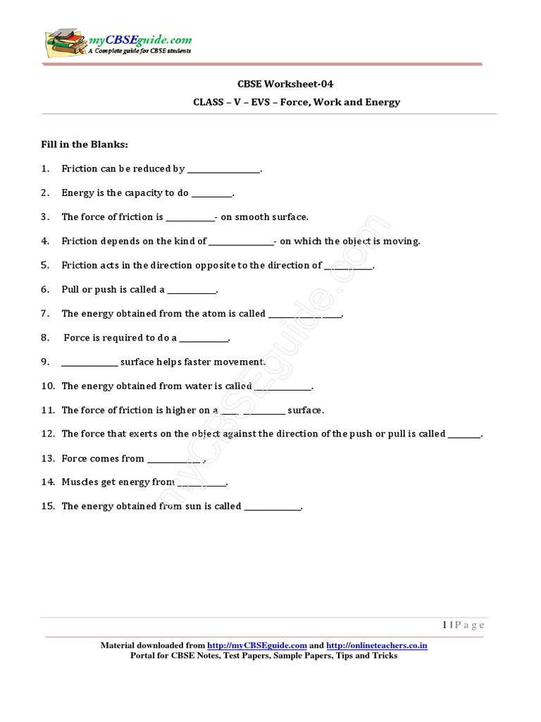 CBSE Worksheet-04 CLASS - V - EVS - Force, Work and Energy | PDF | Self ...
