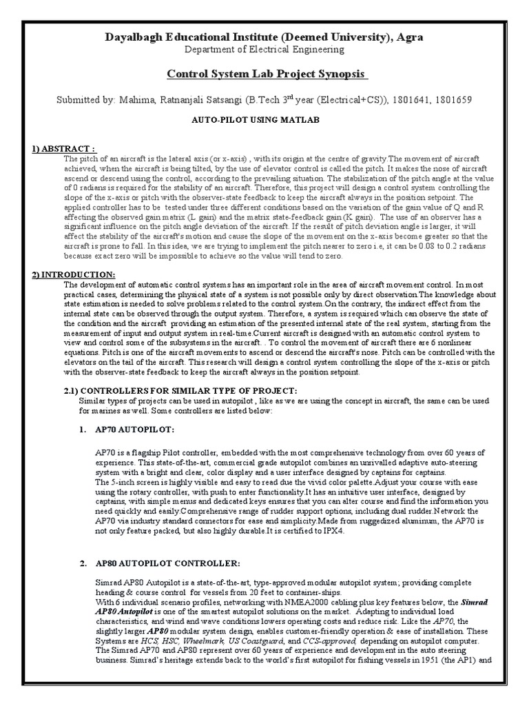 Dayalbagh Educational Institute (Deemed University), Agra Control System Lab Project Synopsis ...
