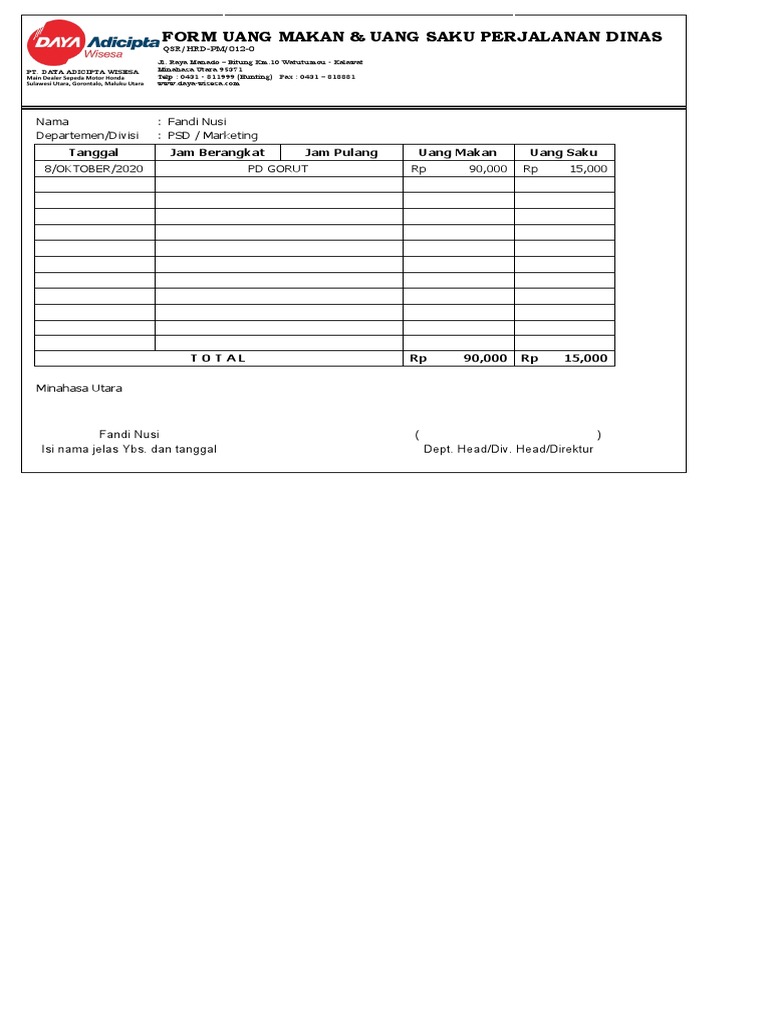 Form Rekapan Uang Makan & Uang Saku | PDF
