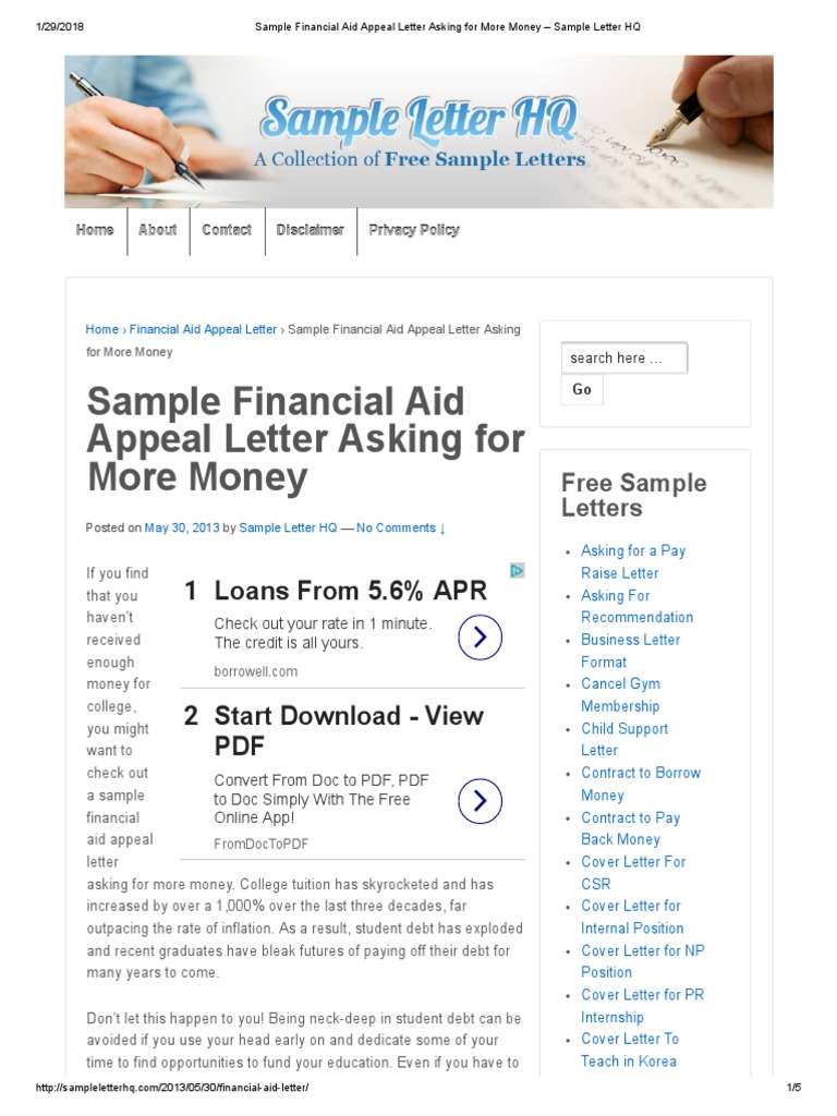 Sample Financial Aid Appeal Letter Asking For More Money - Sample ...