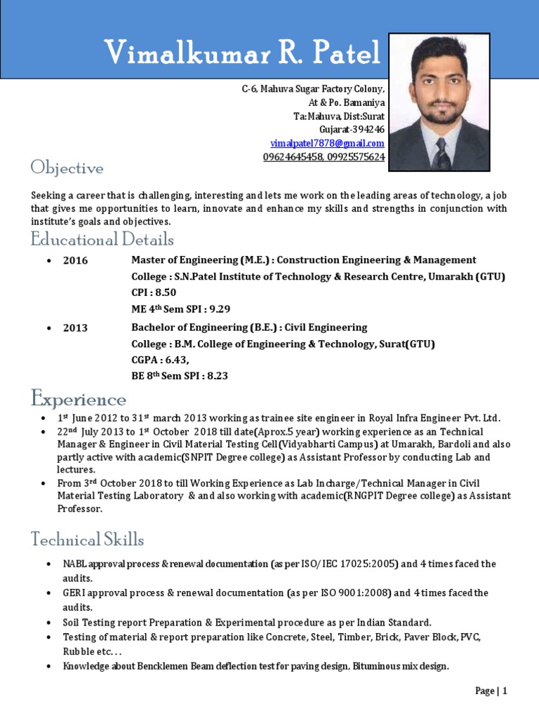 VIMAL ME CIVIL Resume 2019 | PDF | Concrete | Engineering