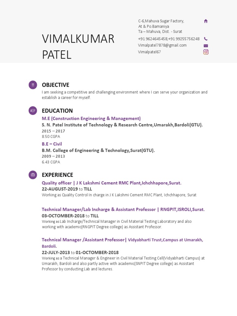 Vimal Resume 2020 - RMC | PDF | Engineer | Concrete