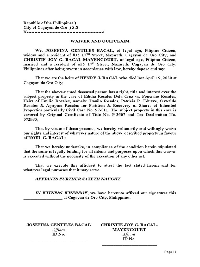 Affidavit of Waiver and Quitclaim | PDF | Affidavit | Public Law